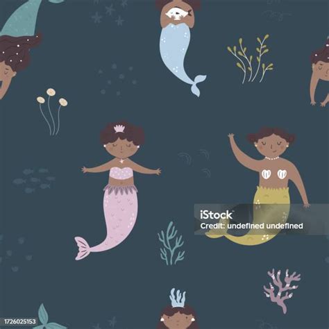 아름다운 인어와 바다 생물이 있는 다채로운 이음매 없는 패턴 0명에 대한 스톡 벡터 아트 및 기타 이미지 0명 가공의 인물 공주 Istock