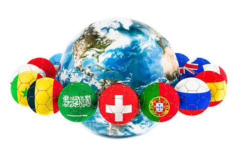 지구 전세계에 고립 된 흰색 배경에 렌더링 3d 플래그로 축구 공 3차원 형태에 대한 스톡 사진 및 기타 이미지 3차원 형태 Championship 경쟁 Istock