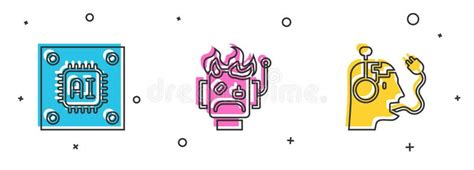 Set Processor With Microcircuits Cpu Robot Burned Out And Charging Battery Icon Vector Stock