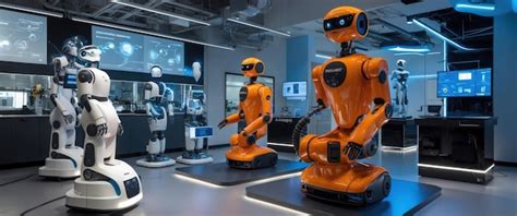 Futuristic Robotics Lab Showcasing Advanced Technology And Humanoid Robots Premium Ai