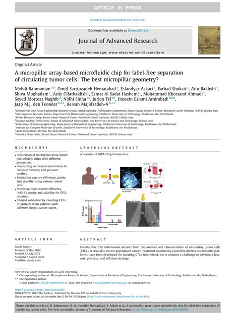 pdf a micropillar array based microfluidic chip for label free separation of circulating tumor