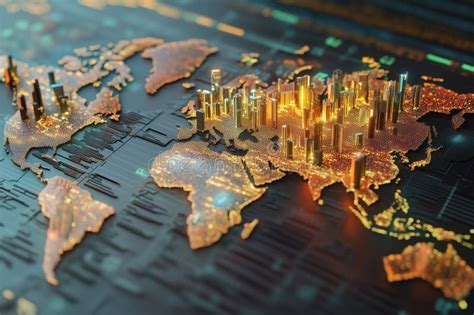 digital world map with illuminated cityscapes and data patterns stock