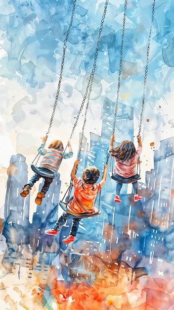 거리 에서 놀고 있는 어린이 들 의 수채화 Ai 생성 이미지