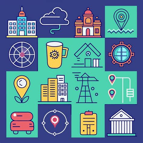 A Collection Of 16 Colorful Icons Representing Various Aspects Of Urban Life Including Buildings