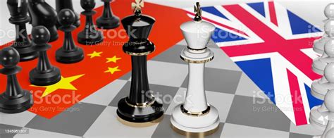 중국과 영국 영국 충돌 충돌 위기와 국가 플래그와 체스 게임에 의해 상징 무역 거래와 지배를 목표로 그 두 나라 사이의 논쟁 3d 일러스트 3차원 형태에 대한 스톡 사진 및