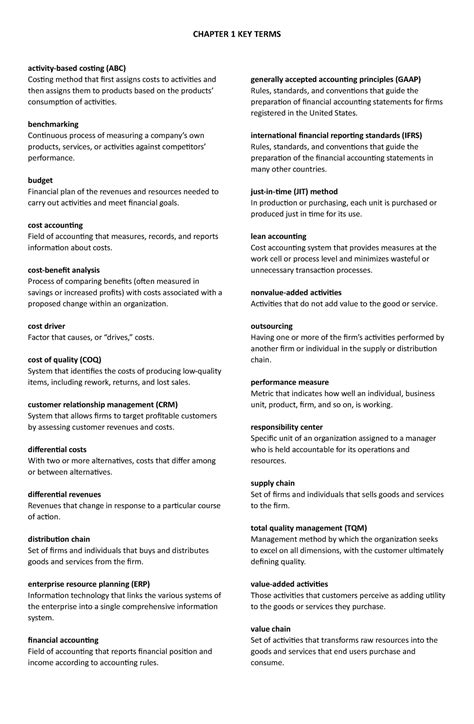 Chapter 1 Cost Accounting Information For Decision Making Key Terms Chapter 1 Key Terms