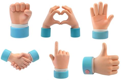 set of hand gestures 3d cartoon render illustration isolated on white