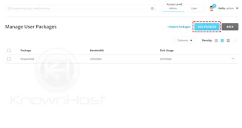 how to create user package in directadmin knownhost