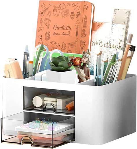 Organiseur De Bureau Polyvalent Avec 5 Compartiments 2 Tiroirs Et
