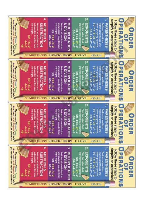 Math Order Of Operations Bookmarks Esl Worksheet By Sidcid