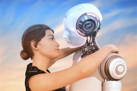Humanoid Robot Hugging A Girfriend Conceptual 3d Illustration Stock