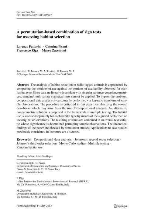 Pdf A Permutation Based Combination Of Sign Tests For Assessing Habitat Selection
