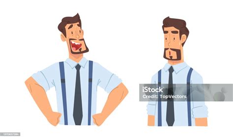 다양한 얼굴 표정을 가진 사업가 캐릭터 쾌활하고 놀란 수염 남성 직원 만화 벡터 일러스트레이션 남자에 대한 스톡 벡터 아트 및 기타 이미지 Istock