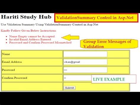 How To Use ValidationSummary Control For Validation In Asp Net C Hindi Online Learning
