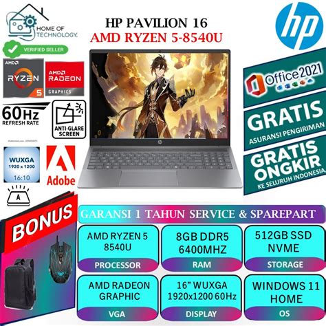Jual Laptop Gaming Hp Pavilion 16 Amd Ryzen 5 8540U Ram 8GB DDR5 SSD 512GB Layar 16 WUXGA IPS