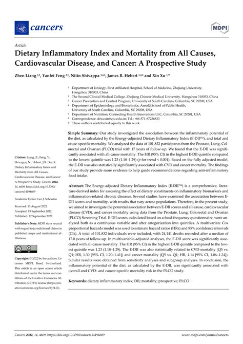 Pdf Dietary Inflammatory Index And Mortality From All Causes Cardiovascular Disease And