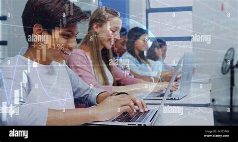 Image Of Globe And Graph Over Class Of Diverse Pupils Using Laptops