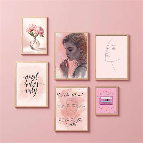 Pack Of Six Trendy Pink Printable Wall Art Retro Wall Decor Pink