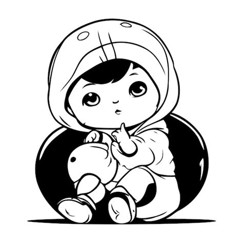 그녀의 테디 베어 벡터 일러스트 레이 션을 가지고 노는 귀여운 작은 아기 소녀 프리미엄 Ai 생성 벡터