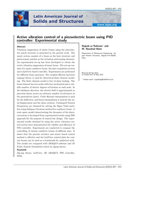 Pdf Active Vibration Control Of A Piezoelectric Beam Using Pid