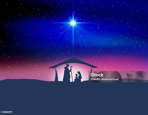 베들레헴의 별 또는 크리스마스 스타 예수 그리스도의 가족의 실루엣 화려한 하늘 예수 공현 축일에 대한 스톡 벡터 아트 및 기타 이미지 예수 공현 축일 성탄화 기도하기