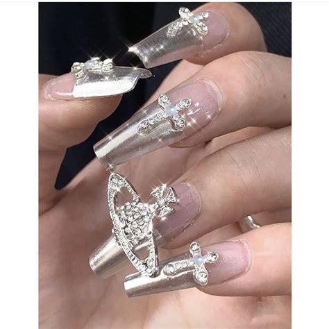 실버 프렌치 비비안 웨스트우드 십자가 네일 롱코핀 큐빅 아트 크롬 하츠 펄 포인트 파츠 네일팁 에이블리