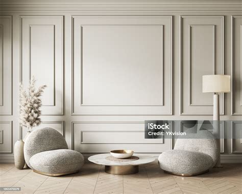 라운지 소프트 안락의자 장식 및 몰딩 벽 패널이있는 베이지 색 의고한 인테리어 3d 렌더링 그림 모형 벽에 대한 스톡 사진 및 기타 이미지 Istock