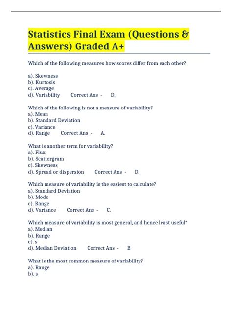 statistics final exam questions and answers graded a statistics