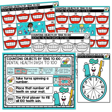 Kindergarten Math Center February Counting Objects By Tens To 100 Dental Health Dash To