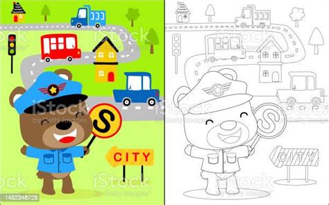 작은 마을 배경에 경찰 의상을 입은 작은 곰이 있는 색칠하기 책의 벡터 그림 거리에 대한 스톡 벡터 아트 및 기타 이미지 거리 건물 외관 경찰 제복 Istock