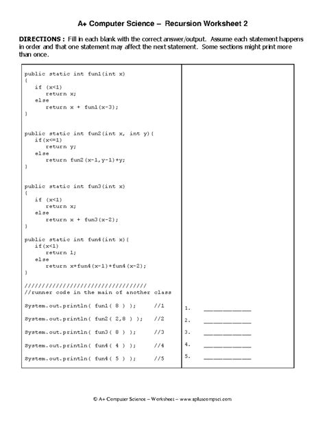 Recursion Ws 2 © A Computer Science Worksheet Apluscompsci A