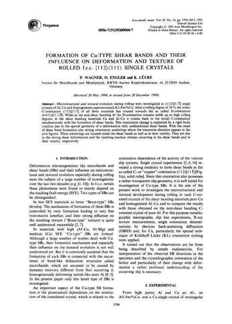 Pdf Formation Of Cu Type Shear Bands And Their Influence On Deformation And Texture Of Rolled