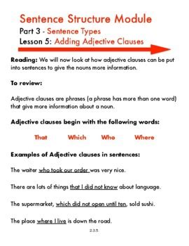 Sentence Types Unit Lesson 5 Adding Adjective Clauses With Video Lesson