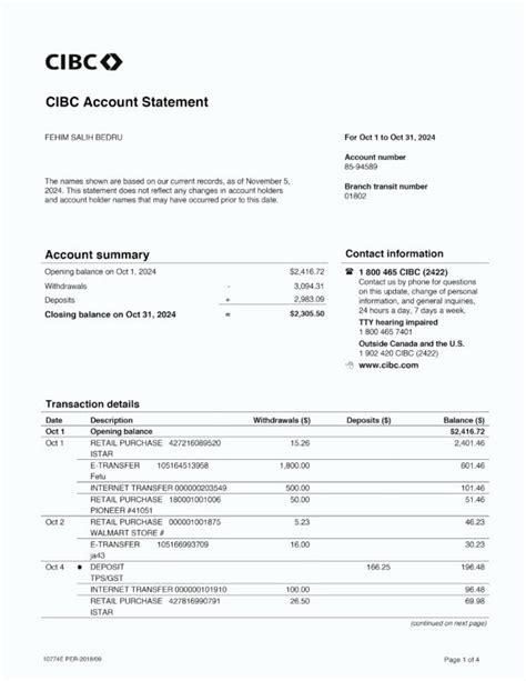 Cibc Bank Statement Pdf Template