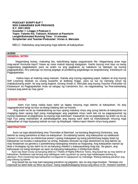 Podcast Script Esp 7kuwarter 1 Linggo 3 Pdf