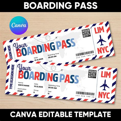 Editable Boarding Pass Template Printable Personalized Airline Ticket
