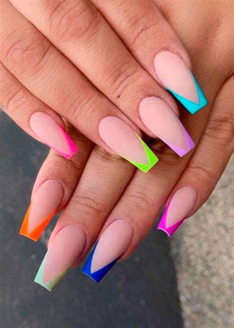 Cute Multi Color French Tip Coffin Nails Long Style Acrylic Nails