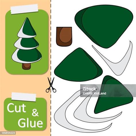 잘라 서 종이 귀여운 새해 트리를 접착제 응용 프로그램을 만화 상록 전나무 인사말 카드 장식크리스마스 겨울 휴가 디자인 요소 아이 로직 게임 및 활동 퍼즐 0명에 대한 스톡