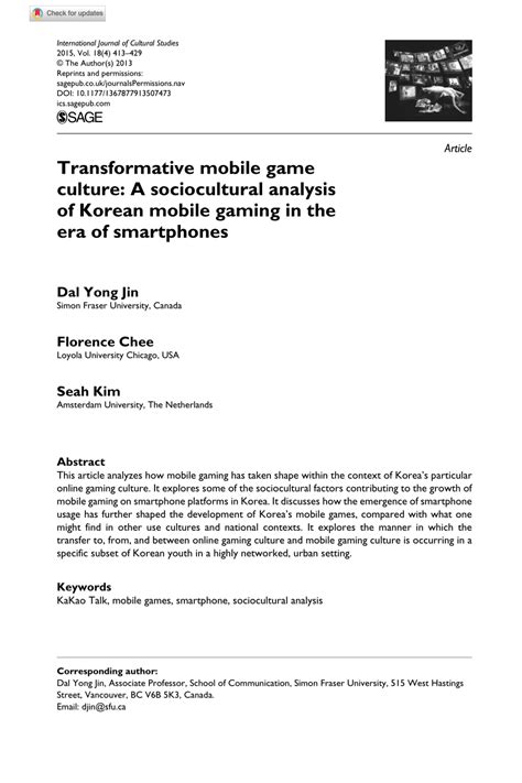 pdf transformative mobile game culture sociocultural analysis of korean mobile gaming in the