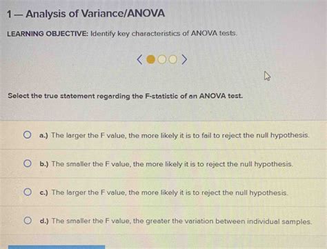 solved 1 — analysis of variance anova learning objective identify key