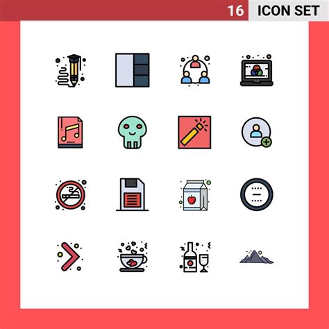 16 Thematic Vector Flat Color Filled Lines And Editable Symbols Of File Audio Marketing Screen