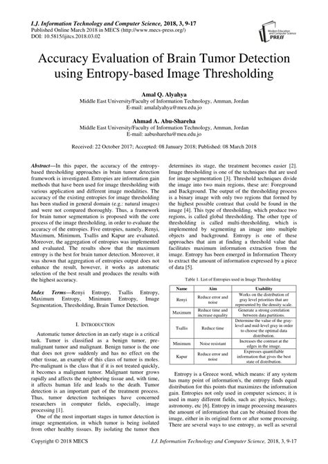 PDF Accuracy Evaluation Of Brain Tumor Detection Using Entropy Based Image Thresholding