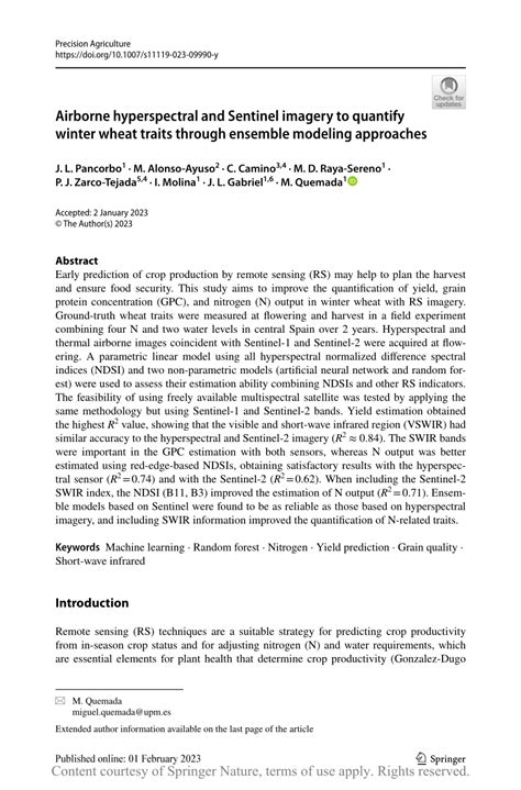 Pdf Airborne Hyperspectral And Sentinel Imagery To Quantify Winter Wheat Traits Through
