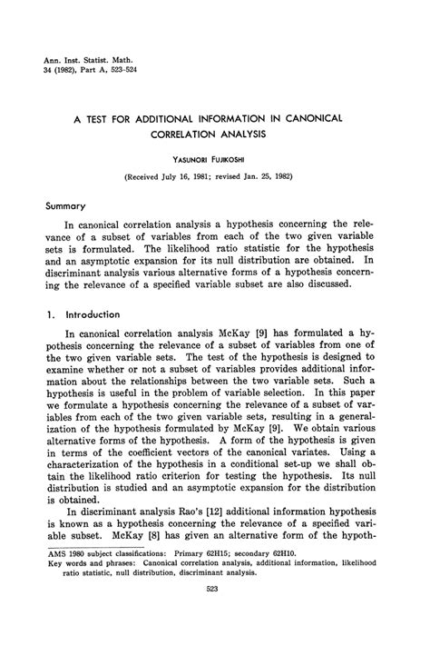 Pdf A Test For Additional Information In Canonical Correlation Analysis