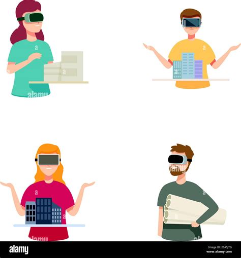 Illustration Set Of People Using Vr Headsets For Architectural Design And Modeling Virtual