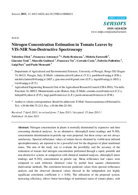 Pdf Nitrogen Concentration Estimation In Tomato Leaves By Vis Nir Non