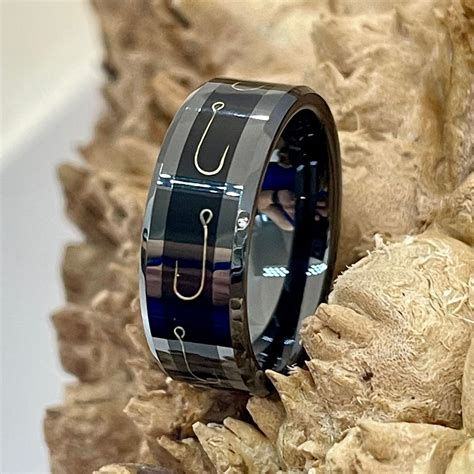 The Angling Black Fishing Hook Ebony Wood Mens Wedding Bands