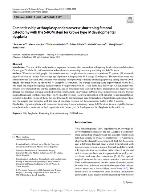 Cementless Hip Arthroplasty And Transverse Shortening Femoral Osteotomy With The S Rom Stem For