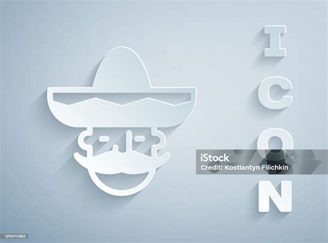 종이 는 회색 배경에 고립 된 Sombrero 아이콘을 입고 멕시코 남자를 잘라 콧수염을 가진 히스패닉 남자 종이 아트 스타일 벡터 3차원 형태에 대한 스톡 벡터 아트 및