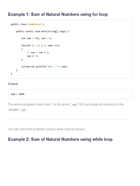 Java Program To Calculate The Sum Of Natural Numbers Pdf Teaching